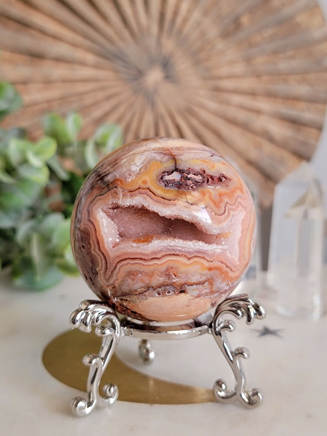 Blissful Bander Druzy Pink Lace Agate Sphere Crystal Decor New Age ...