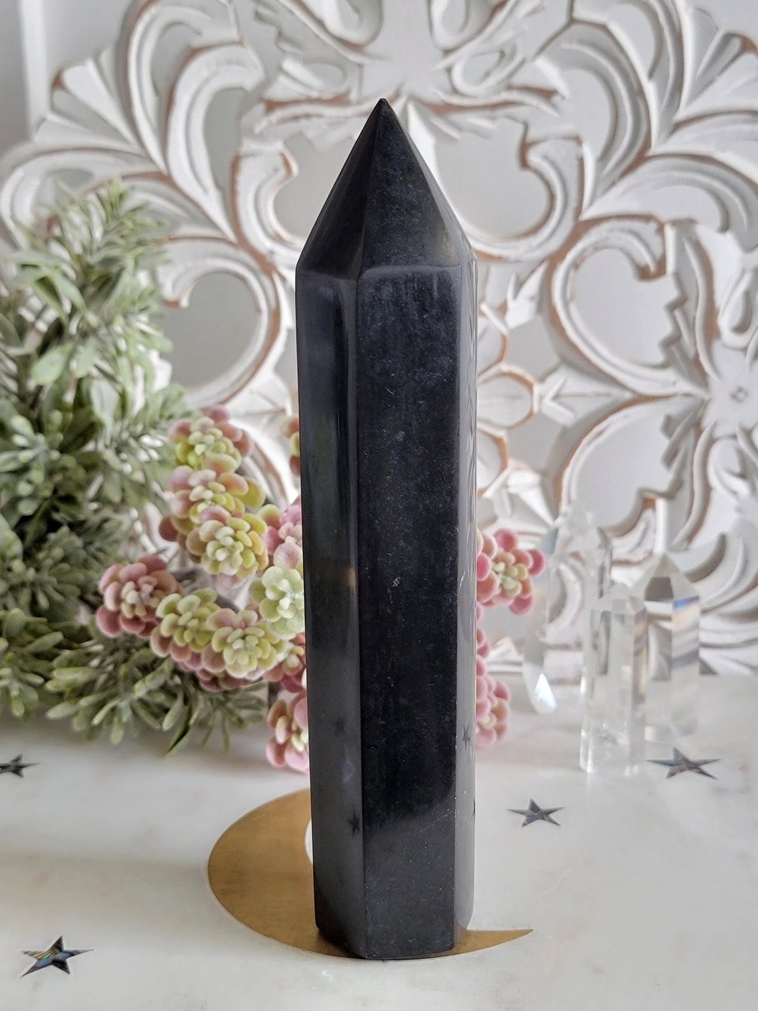 Karma Chameleon Black Tourmaline Carved Tower Carving Crystal Decor ...