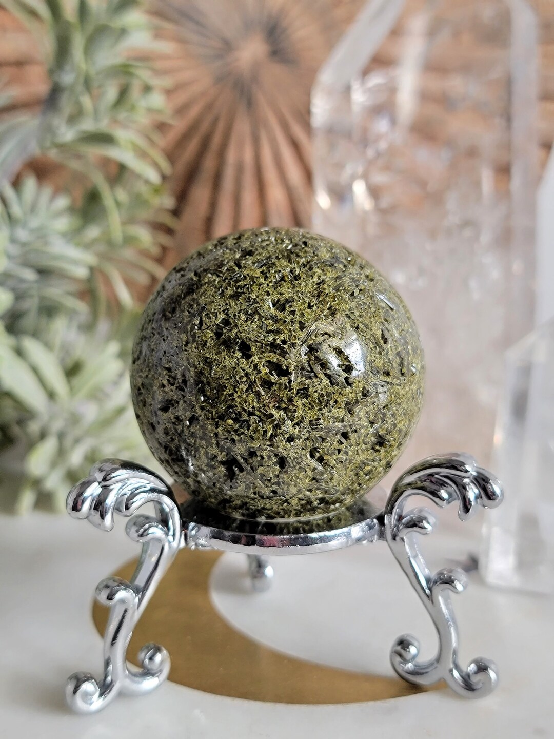Sparkle Supreme Sparkly Carved Peruvian Epidote Sphere Carving Crystal ...