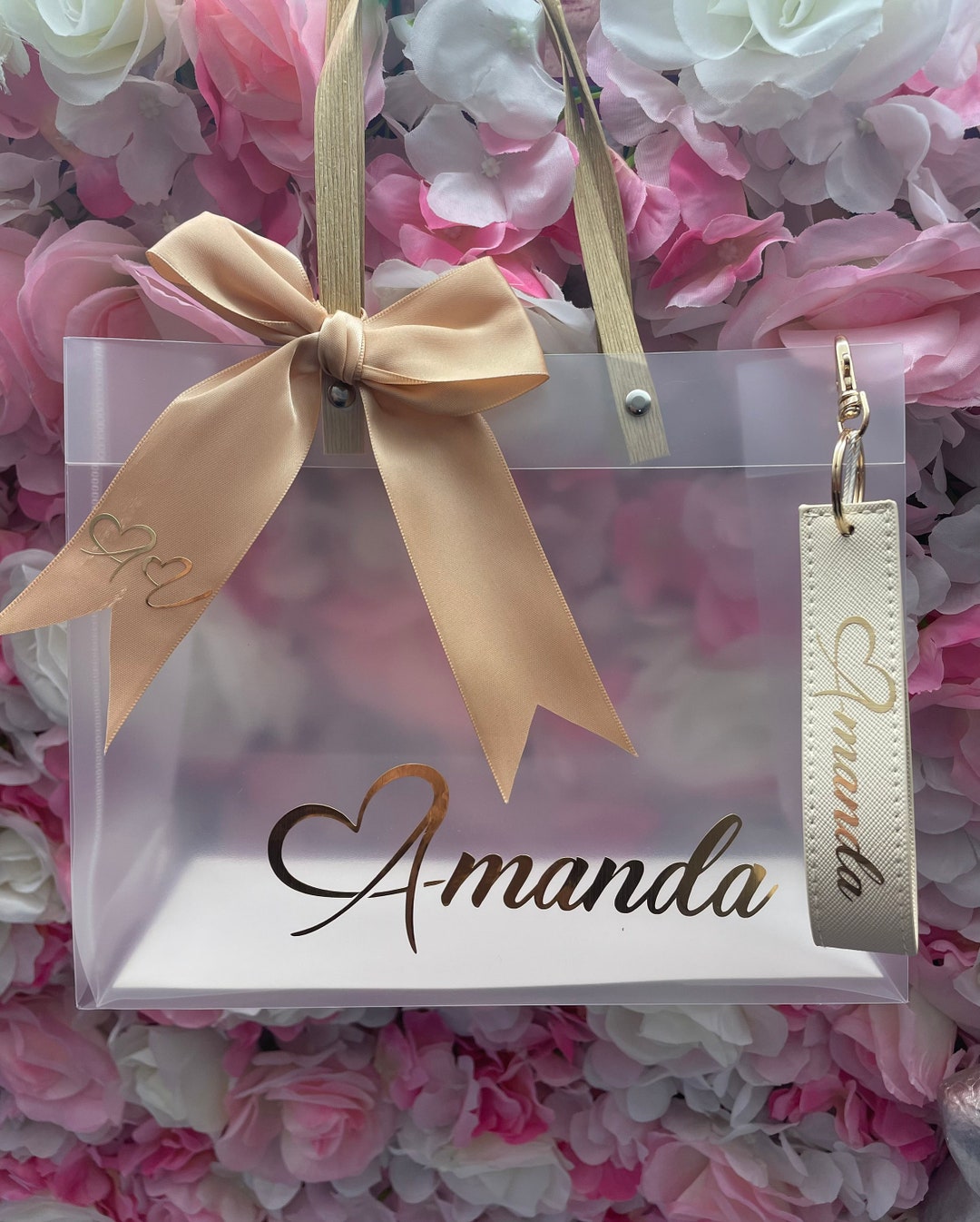 Personalised Transparent Bag & Wristlet Keyring Set, Gift Bag, Keychain ...