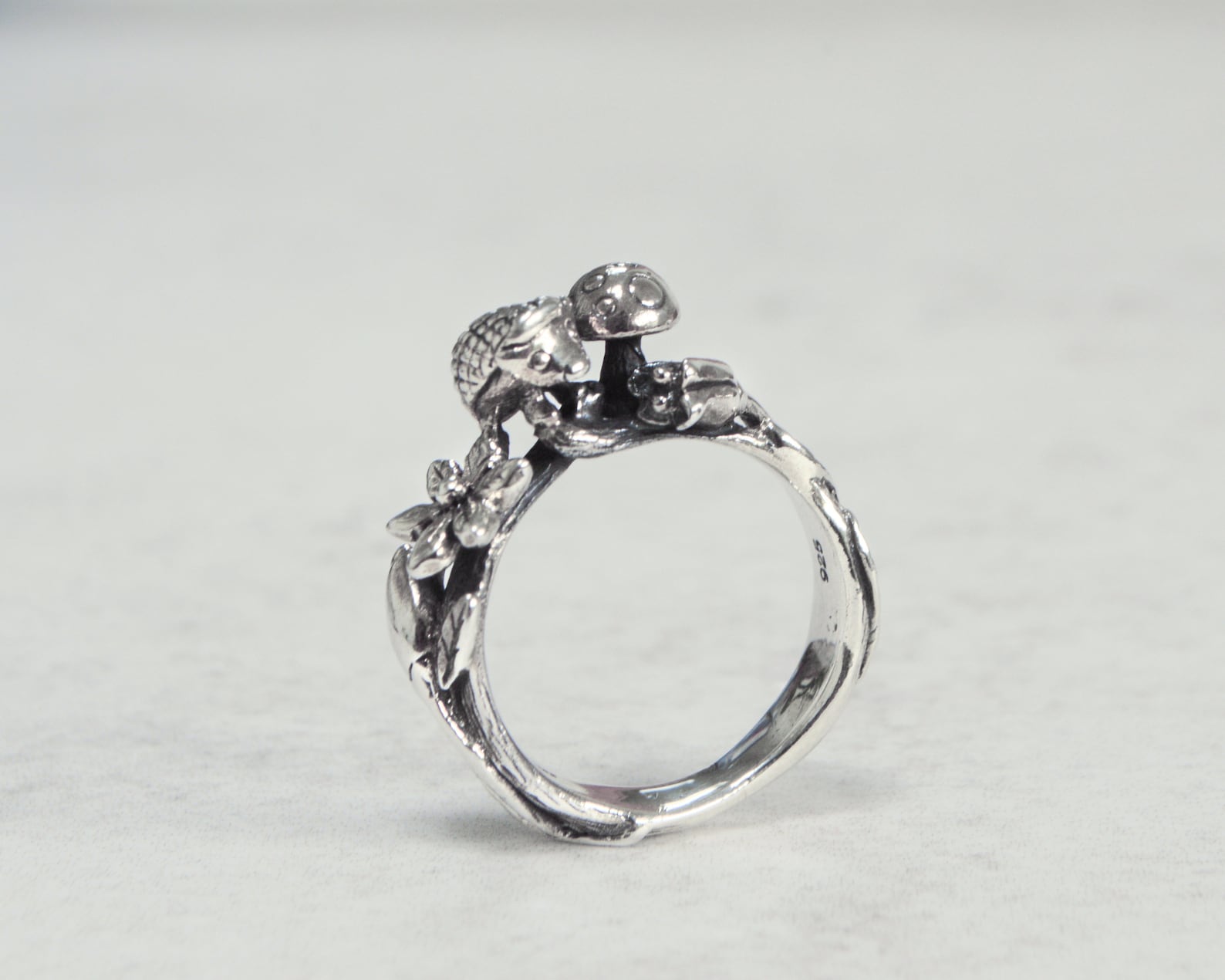 Enchanted Forest Ring • 925 Sterling Silver • 3D Hedgehog Mushroom ...