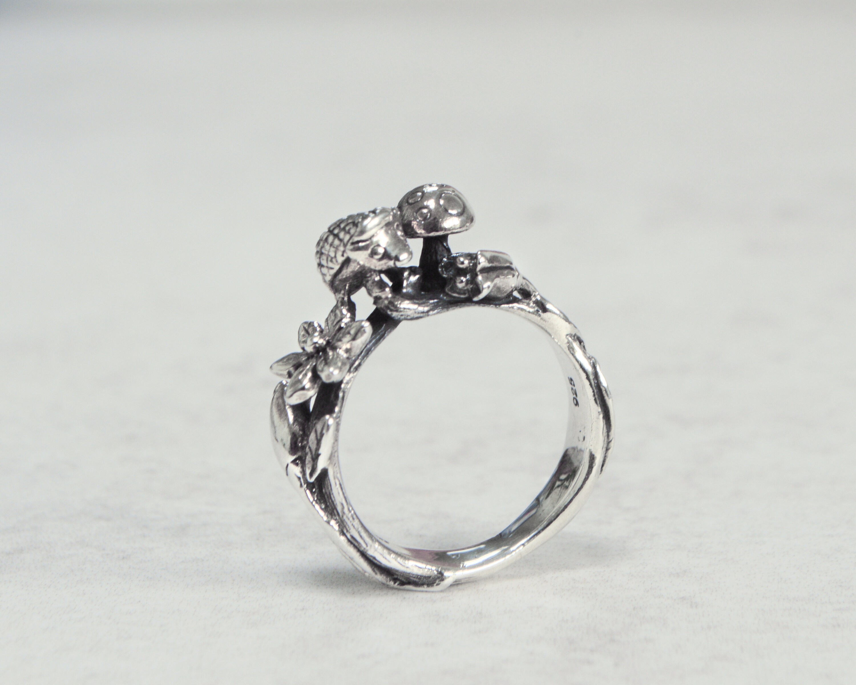 Enchanted Forest Ring • 925 Sterling Silver • 3D Hedgehog Mushroom ...