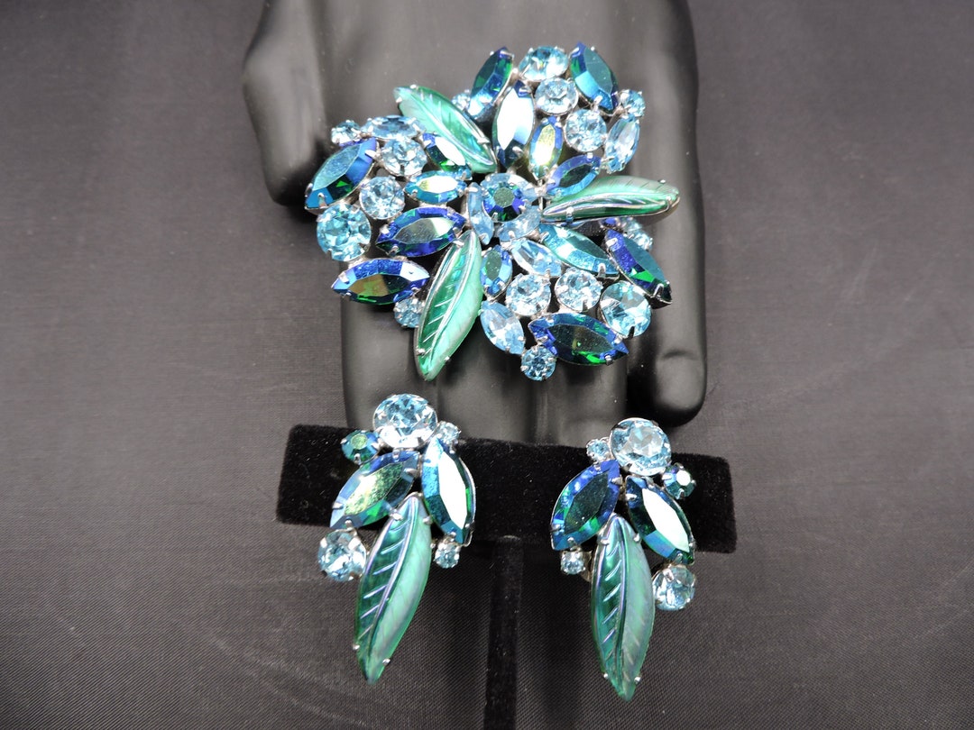 Sherman Brooch Swarovski Turquoise Blue Green Colored Large Broach ...