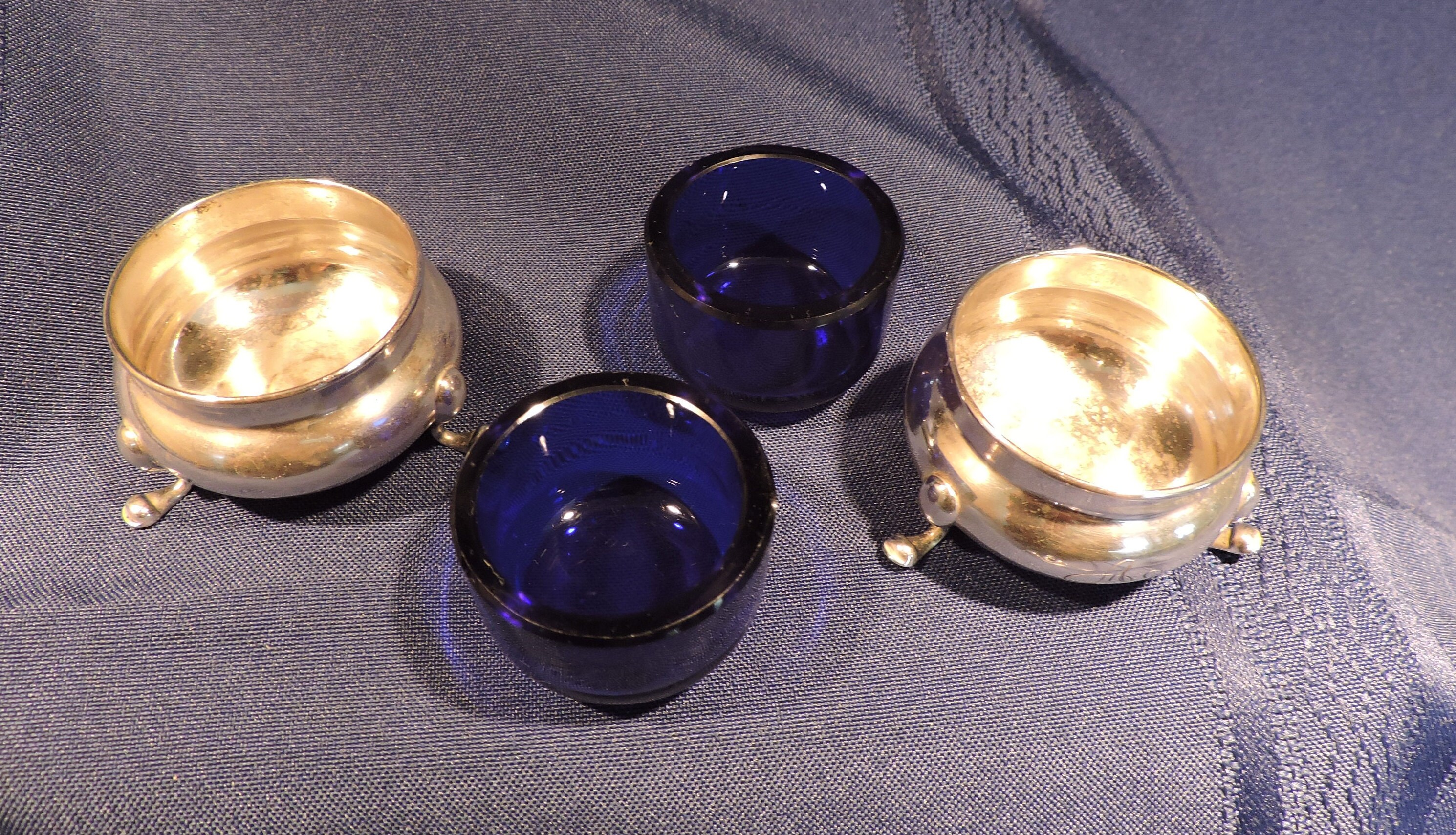 Silver Salt Cell Cellar W Cobalt Vintage Set of 2 Glass Insert Set of 3 ...