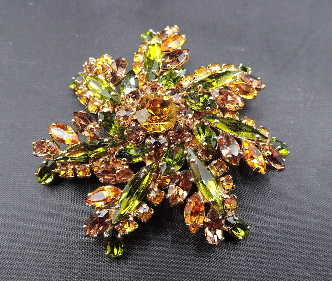 Sherman Large Green and Amber Snowflake Style Broach Swarovski Colored ...