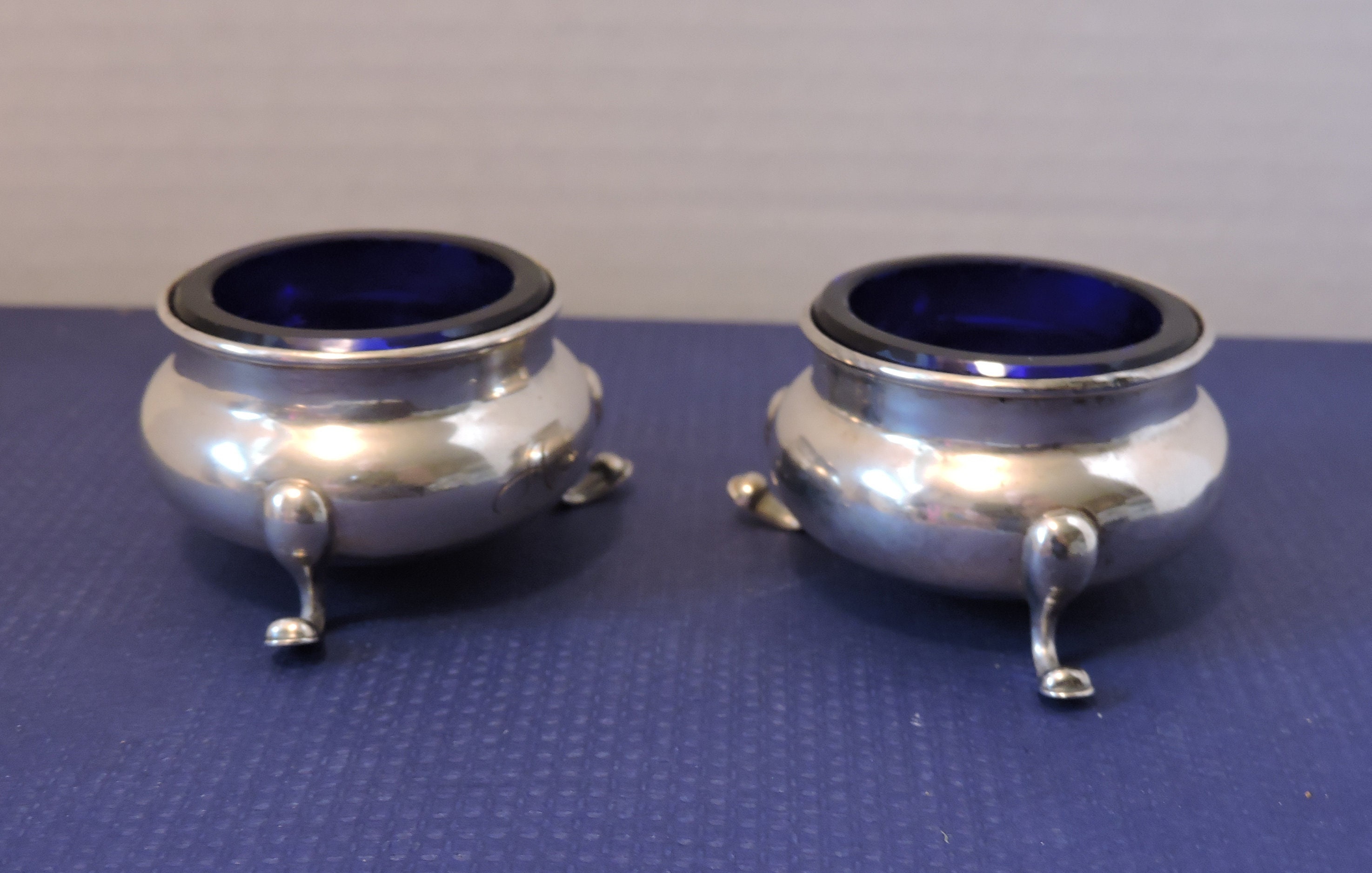 Silver Salt Cell Cellar W Cobalt Vintage Set of 2 Glass Insert Set of 3 ...