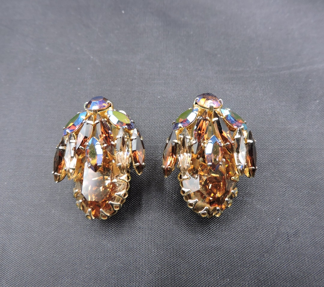 Sherman Large Root Beer Stone W/ Spray Crystals Clip on Earring Set ...