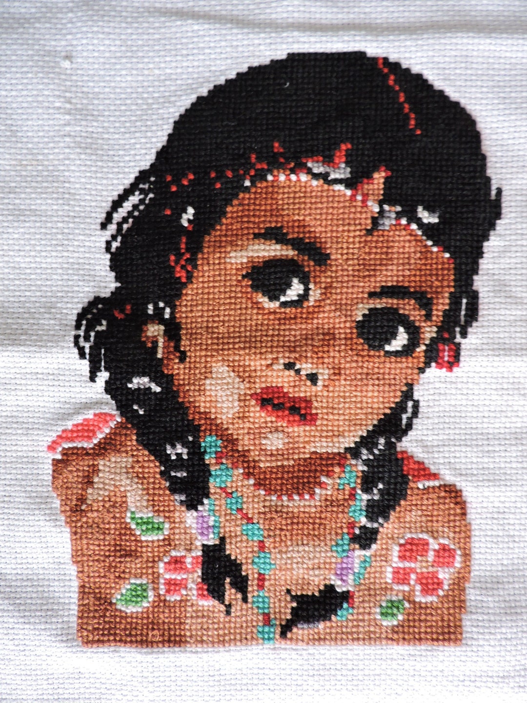 Indigenous Native American Girl Completed Cross Stitch Child Needlework ...