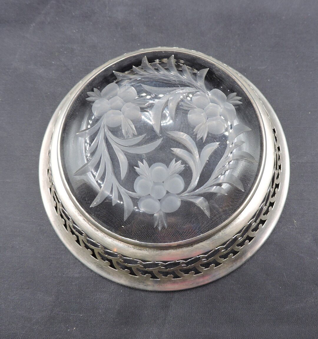 Floral Crystal Glass With Sterling Silver Lattice Cutwork Border Cut ...