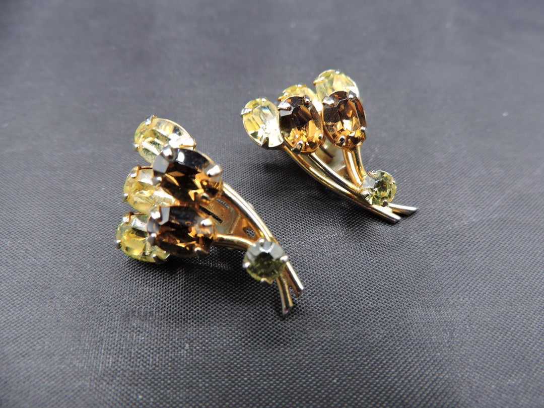 Sherman Yellow and Root Beer Fan Crystals Clip on Earring Set Swarovski ...