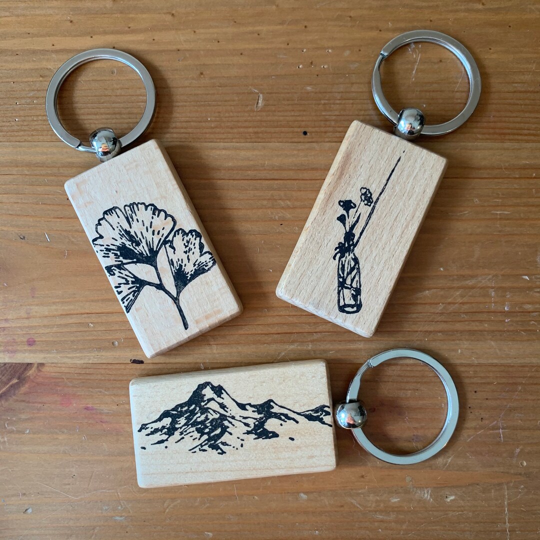 Wood Key Chain, Hand Painted, PNW, Floral, Mountains, Nature, Outdoors ...