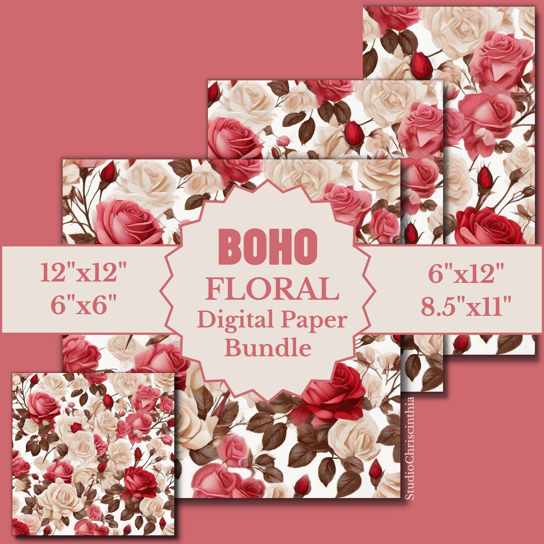 Boho Floral Digital Paper Bundle, Valentine's Day 2025, Valentine's Day ...