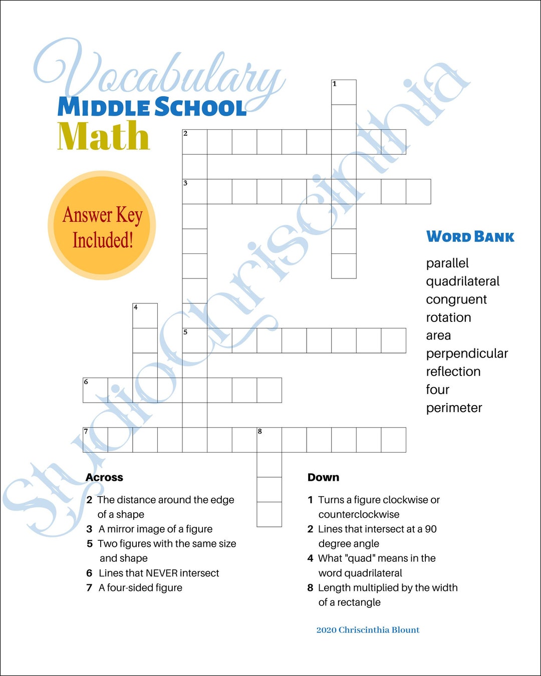 Math Vocabulary Crossword Puzzle, STEM Education, STEAM Education, Back ...