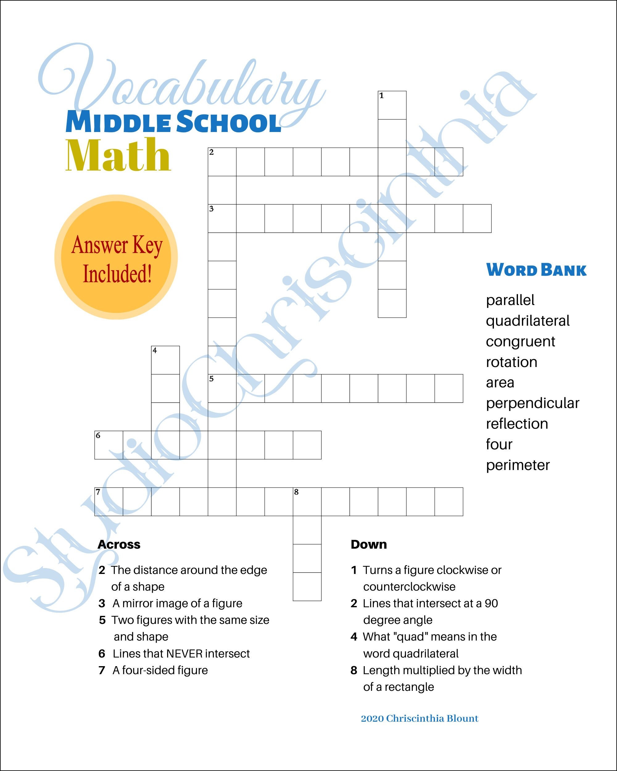Math Vocabulary Crossword Puzzle, STEM Education, STEAM Education, Back ...