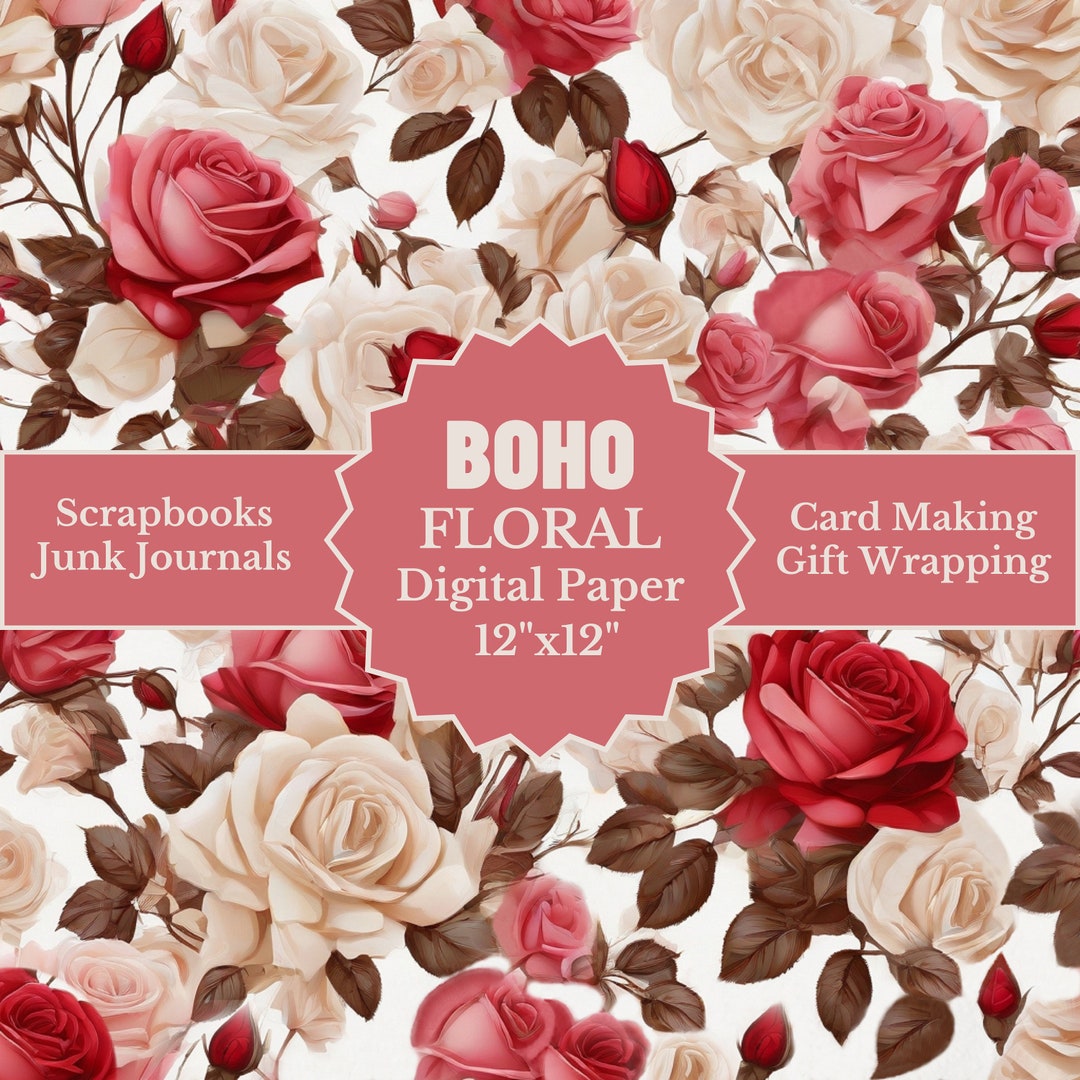 Boho Floral Digital Paper, Valentine's Day Gift Wrap, Galentine's Gift ...