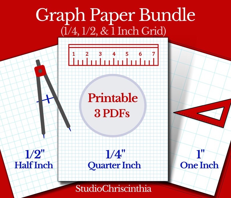 Printable Graph Paper Bundle: 1/4, 1/2, 1 Inch Grids (8.5x11 PDF ...
