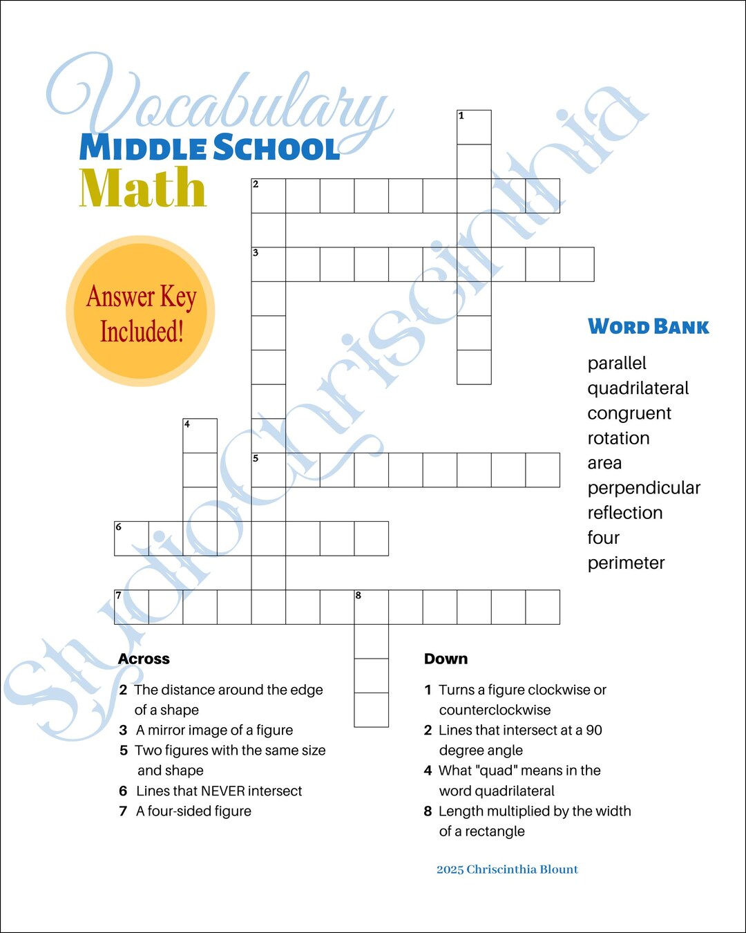 Math Vocabulary Crossword Puzzle, Middle School, STEM Education, STEAM ...