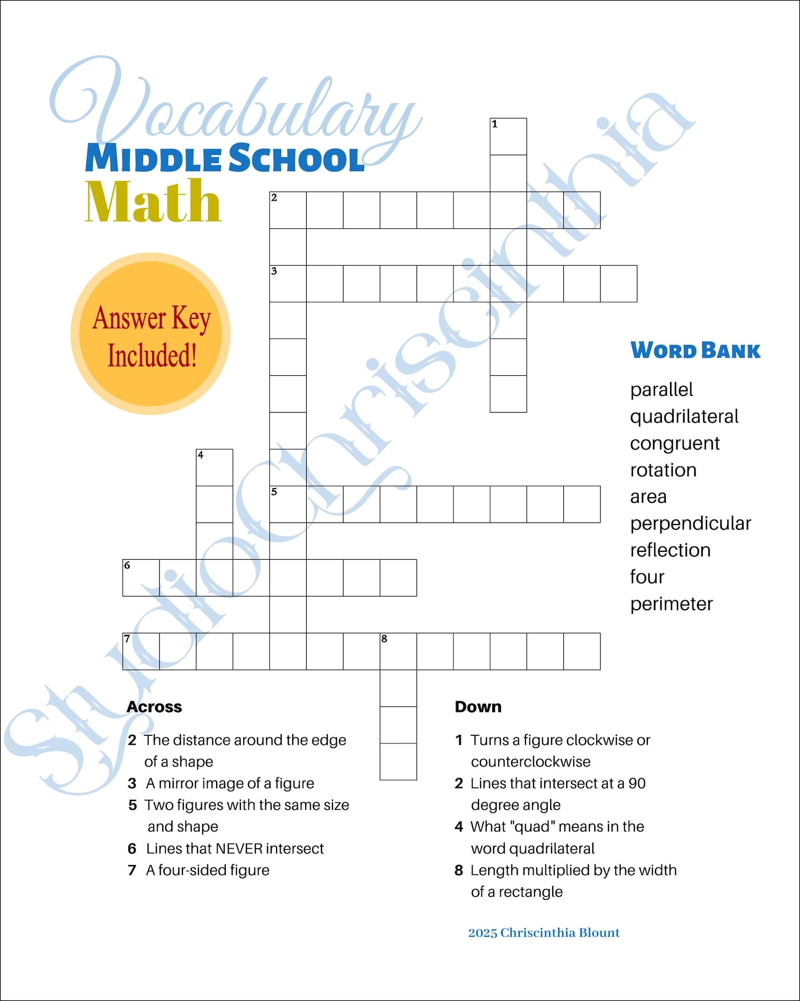 Math Vocabulary Crossword Puzzle, Middle School, STEM Education, STEAM ...