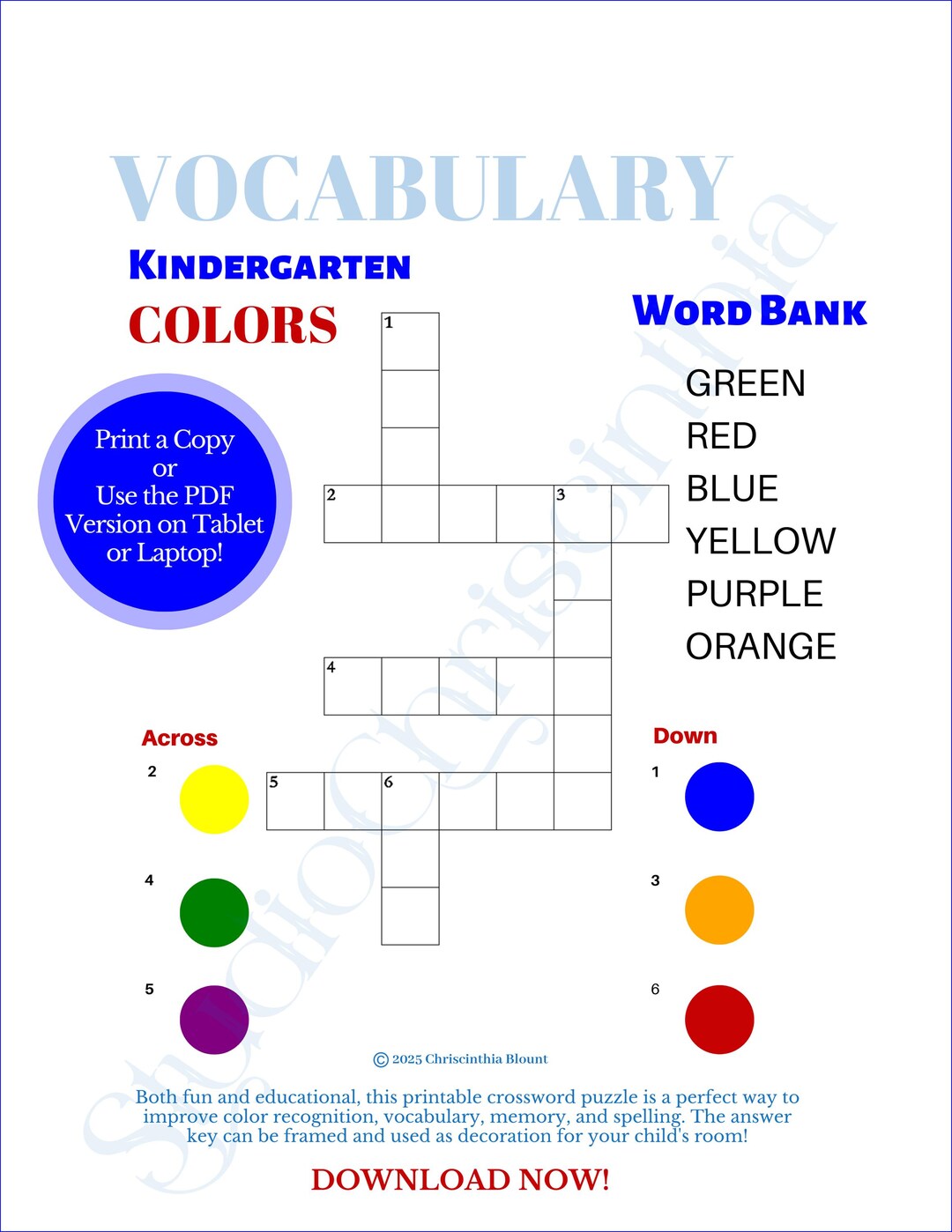 Kindergarten Crossword Puzzle, STEM Education, STEAM Education, (PDF ...