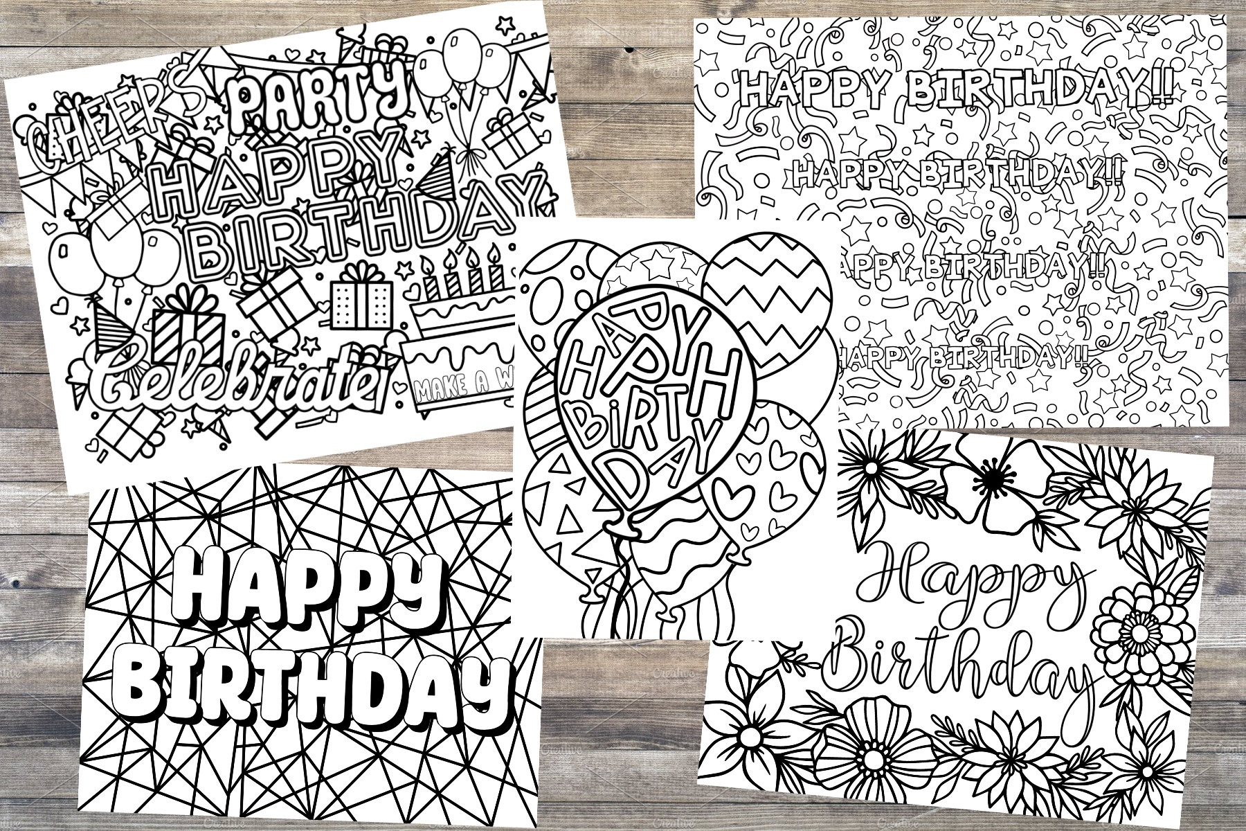 Happy Birthday Coloring Sheet Pack 5 Sheets Adult Coloring Sheets ...