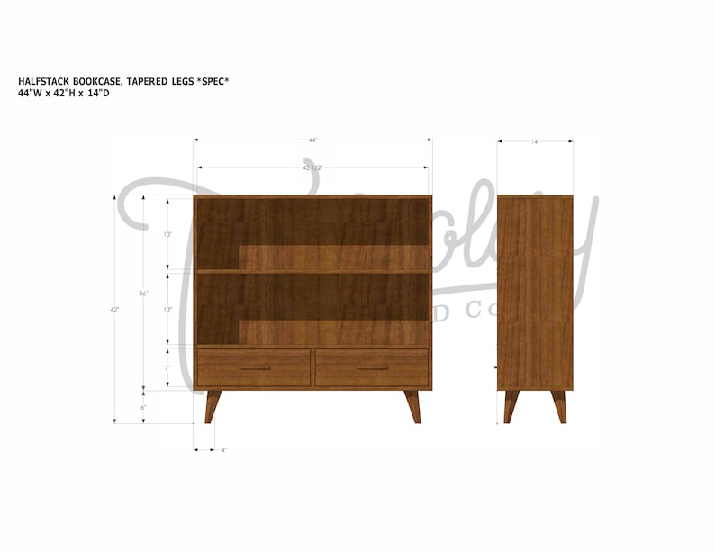 Halfstack Bookcase Double Wide 44W Mid Century | Etsy