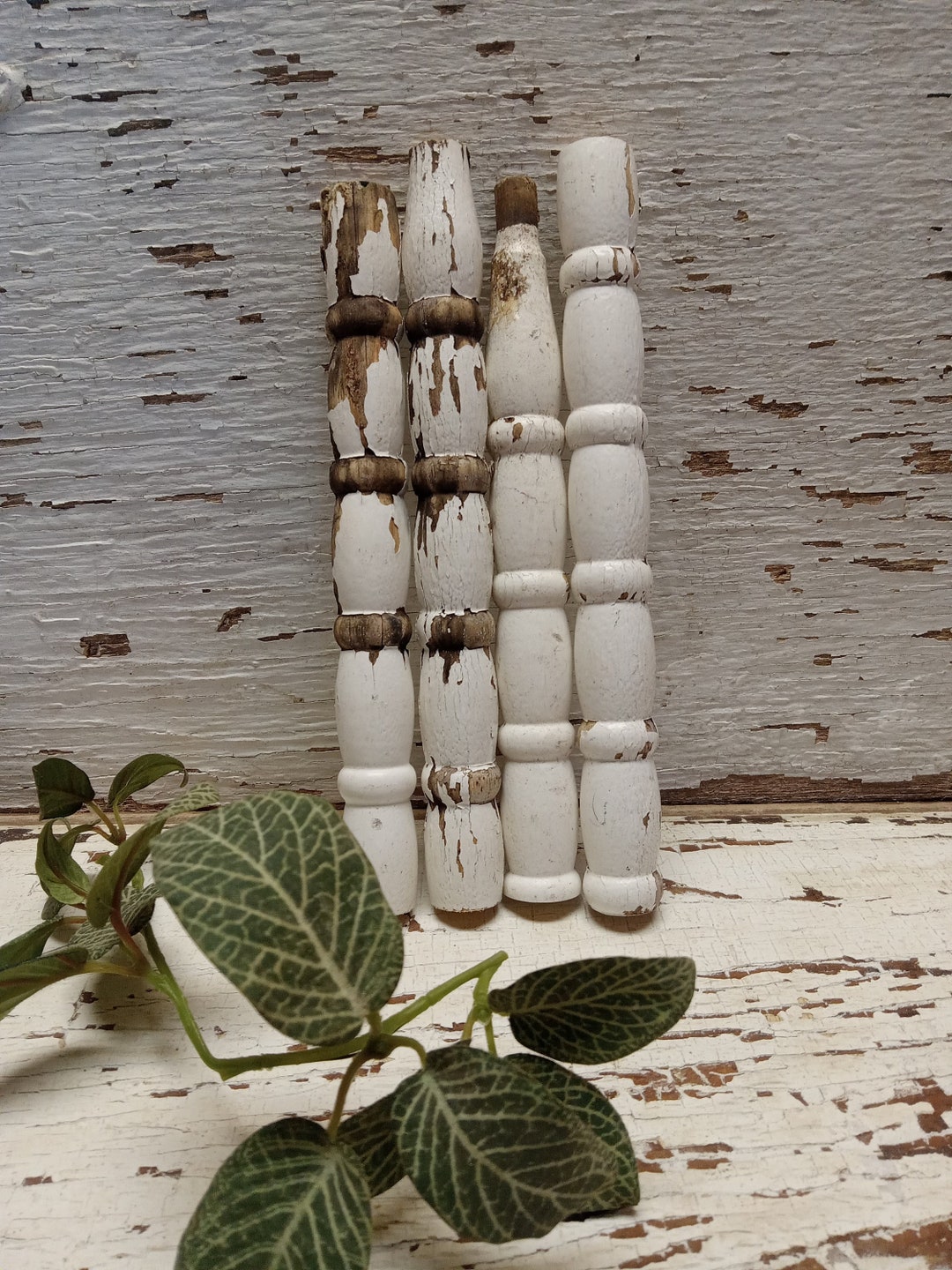 A Lot of 4 Chippy White Salvage Wooden Spindles, Primitive Farmhouse ...