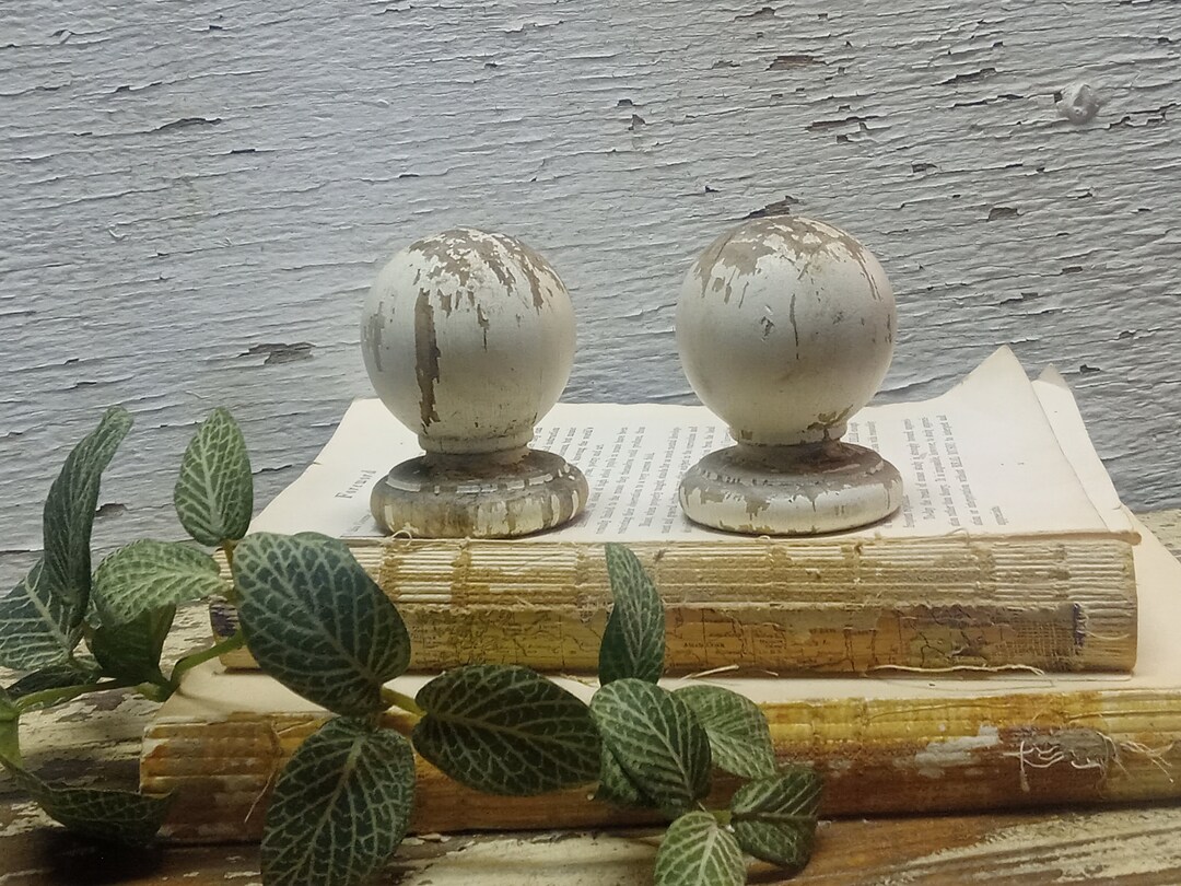2 Chippy White Ball Finial Post Tops, Peely Chippy Wood Pieces, Chippy ...