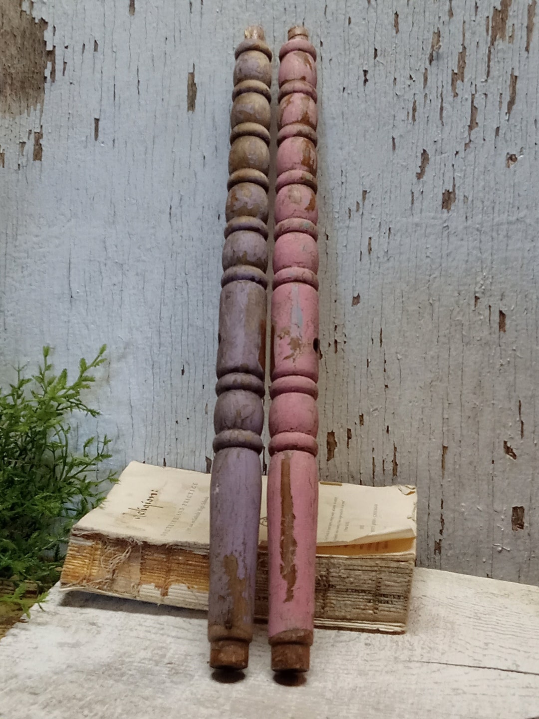 Set of 2 Vintage Reclaimed Farmhouse Salvaged Wood Spindle Post ...