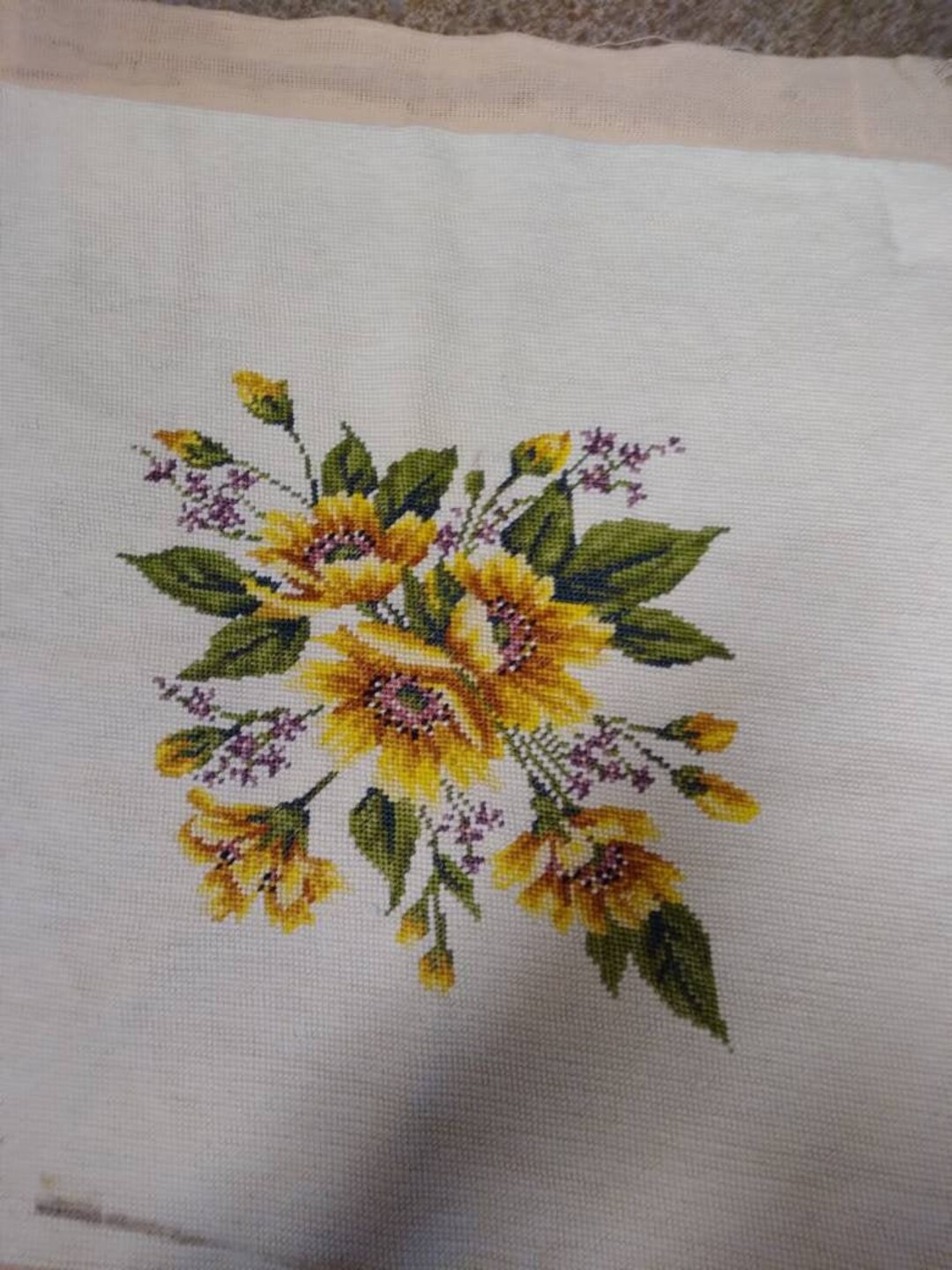Beautiful Yellow Sunflowers Needlepoint, Yellow Flowers, Vintage Primitive Wool Hand Stitched ...
