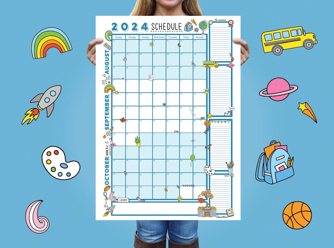 Printable 2024 School Theme Calendar Custom Kid's Chart, Poster ...