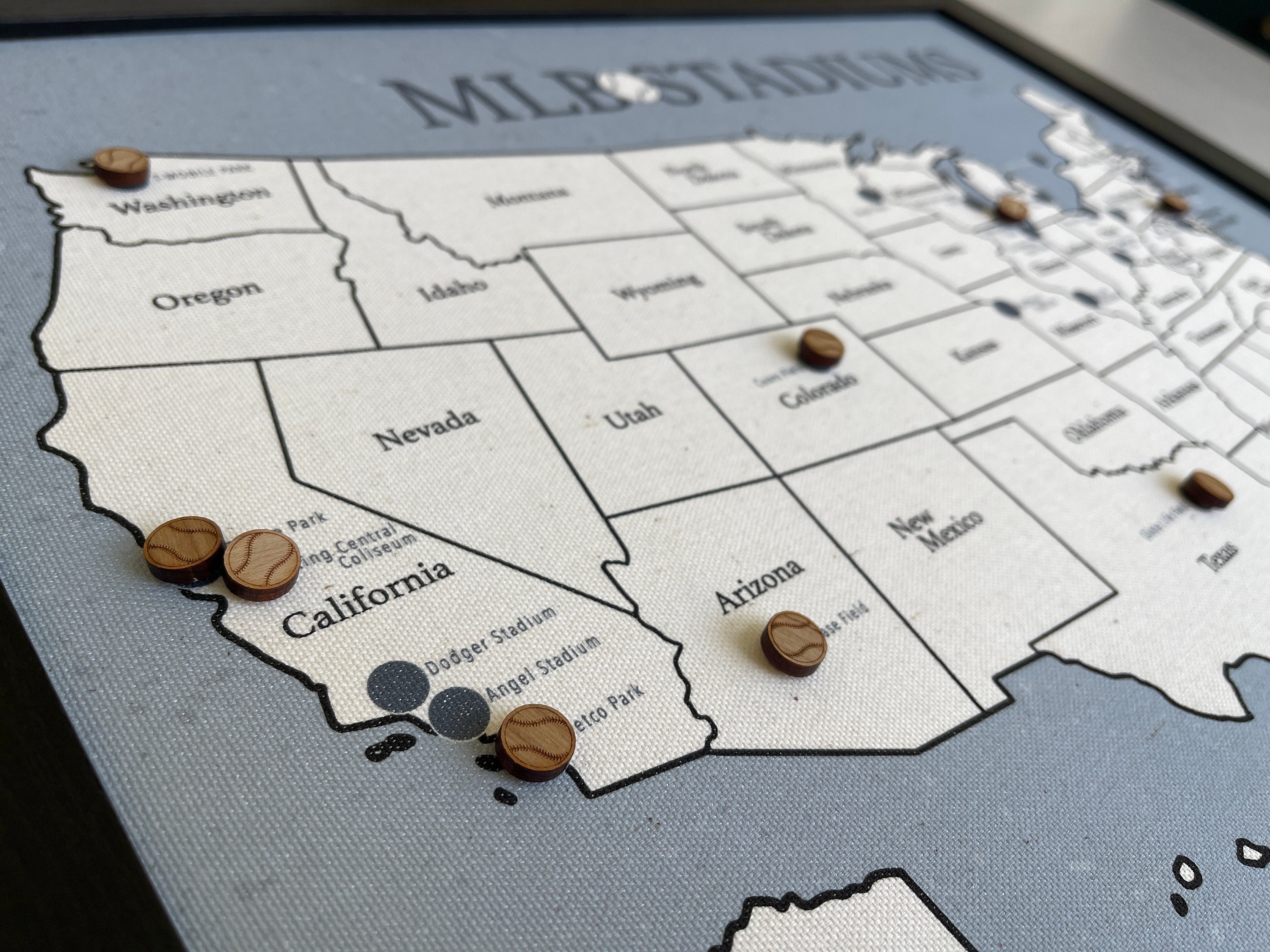 MLB Stadiums Push Pin Map: Cotton Canvas, Wooden Baseball Push Pins ...