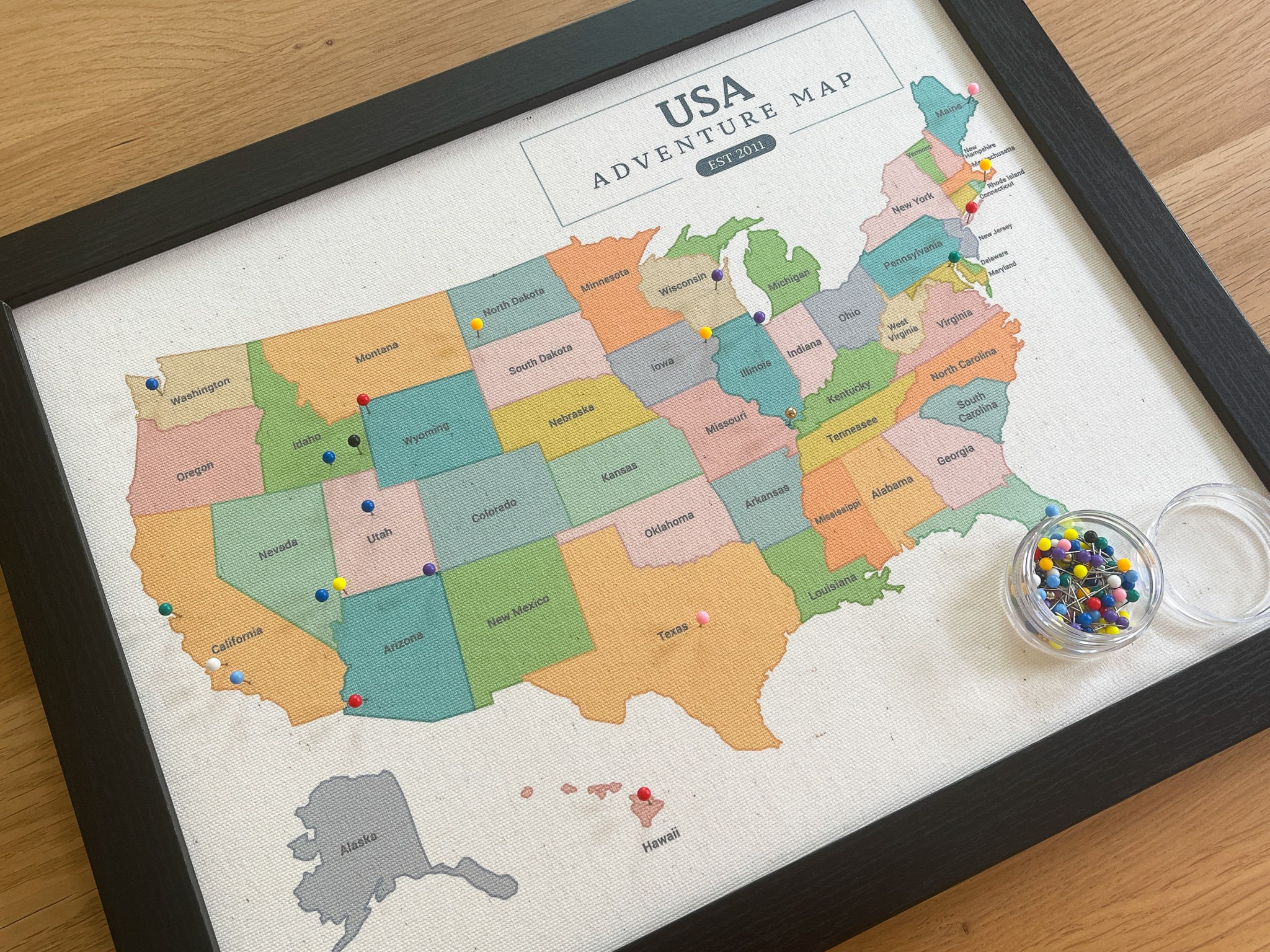 Push Pin USA Map: Retro Colored States on Cotton Canvas, Custom United ...