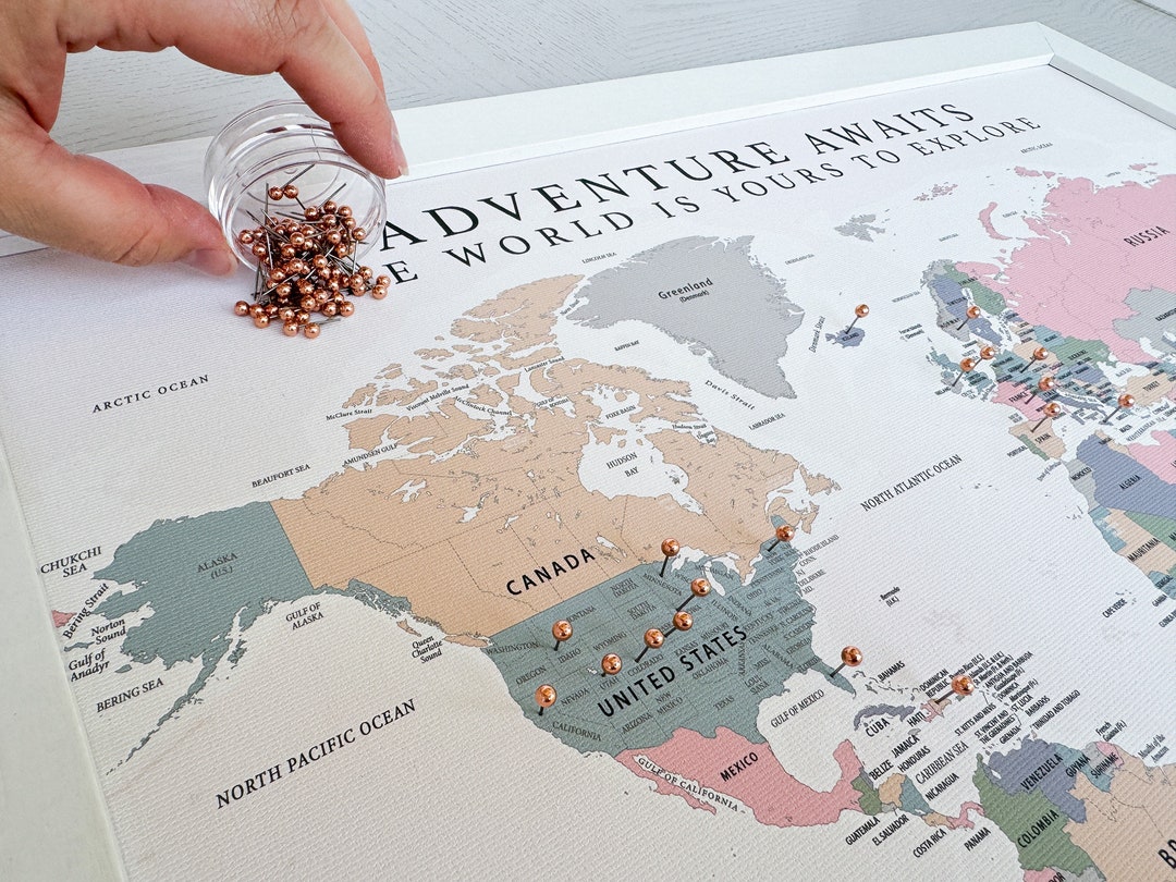 Personalized World Travel Map: Push Pin Cotton Canvas, Framed - Etsy
