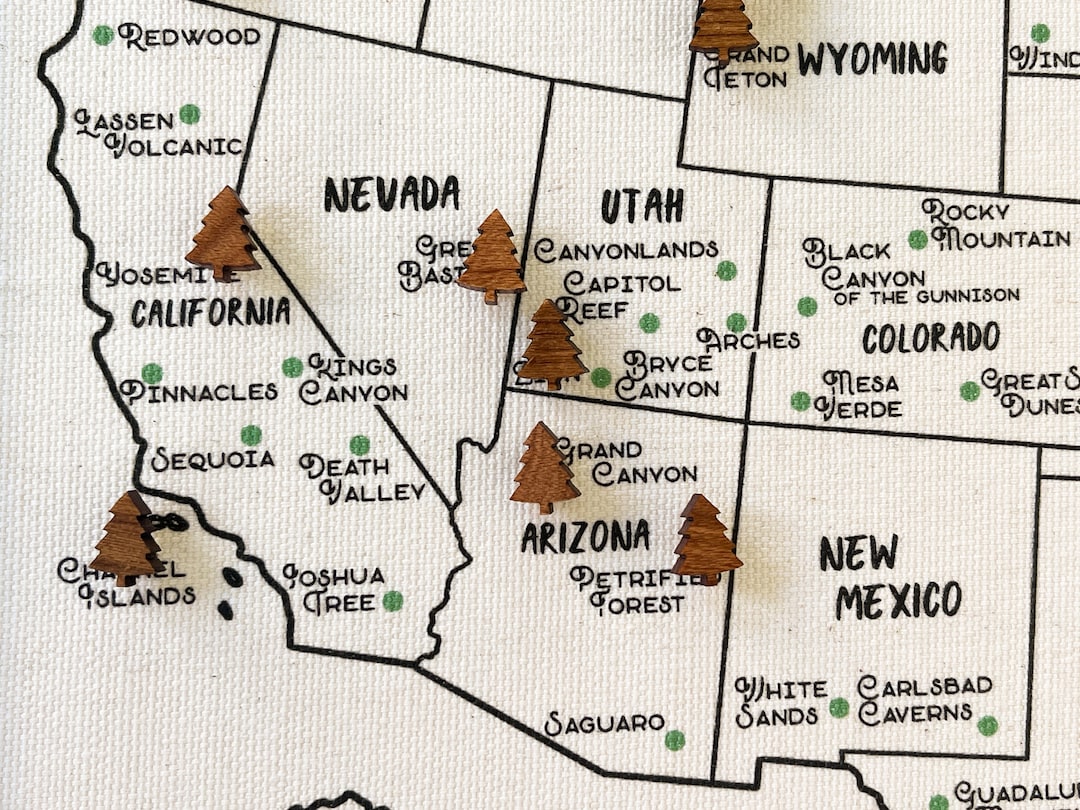 US National Parks Push Pin Map – Framed Cotton Canvas Travel Map With ...