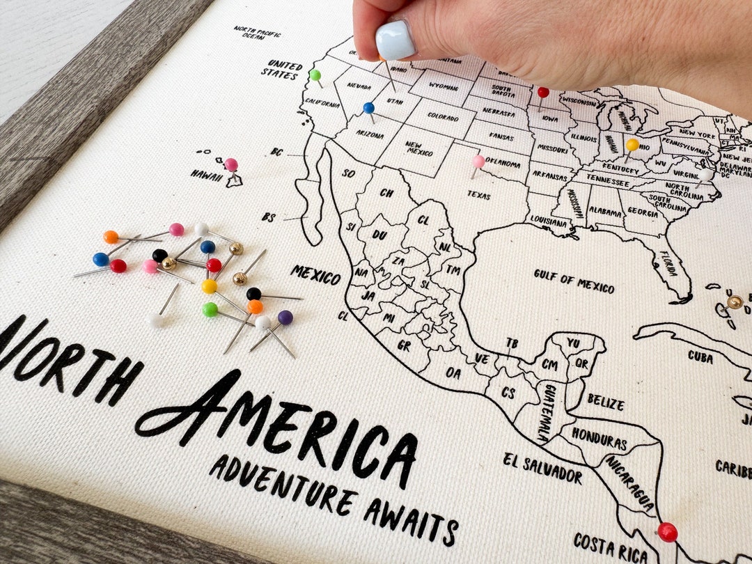 North America Travel Map: Custom Push Pin Map, Cotton Canvas (DIY Kit ...