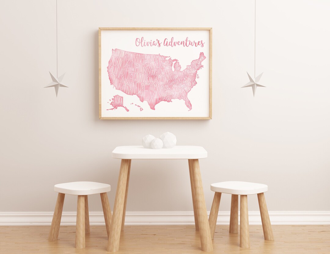 Pink USA Map United States Map for Kids Nursery Print Adventure, Pink ...
