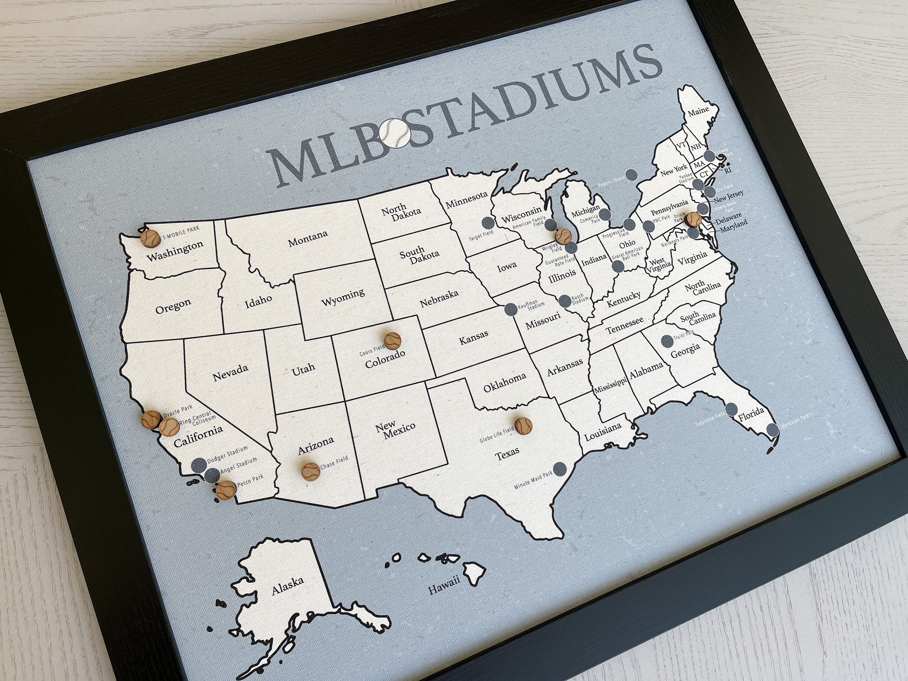 MLB Stadiums Push Pin Map: Cotton Canvas, Wooden Baseball Push Pins ...