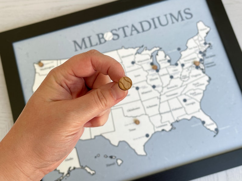 MLB Stadiums Push Pin Map: Cotton Canvas, Wooden Baseball Push Pins ...