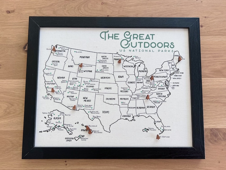 US National Parks Push Pin Map – Framed Cotton Canvas Travel Map With ...