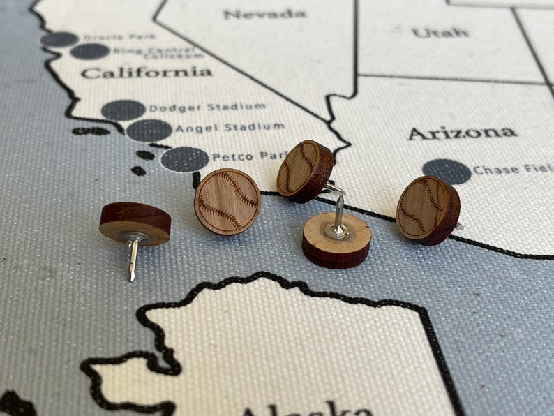 MLB Stadiums Push Pin Map: Cotton Canvas, Wooden Baseball Push Pins ...