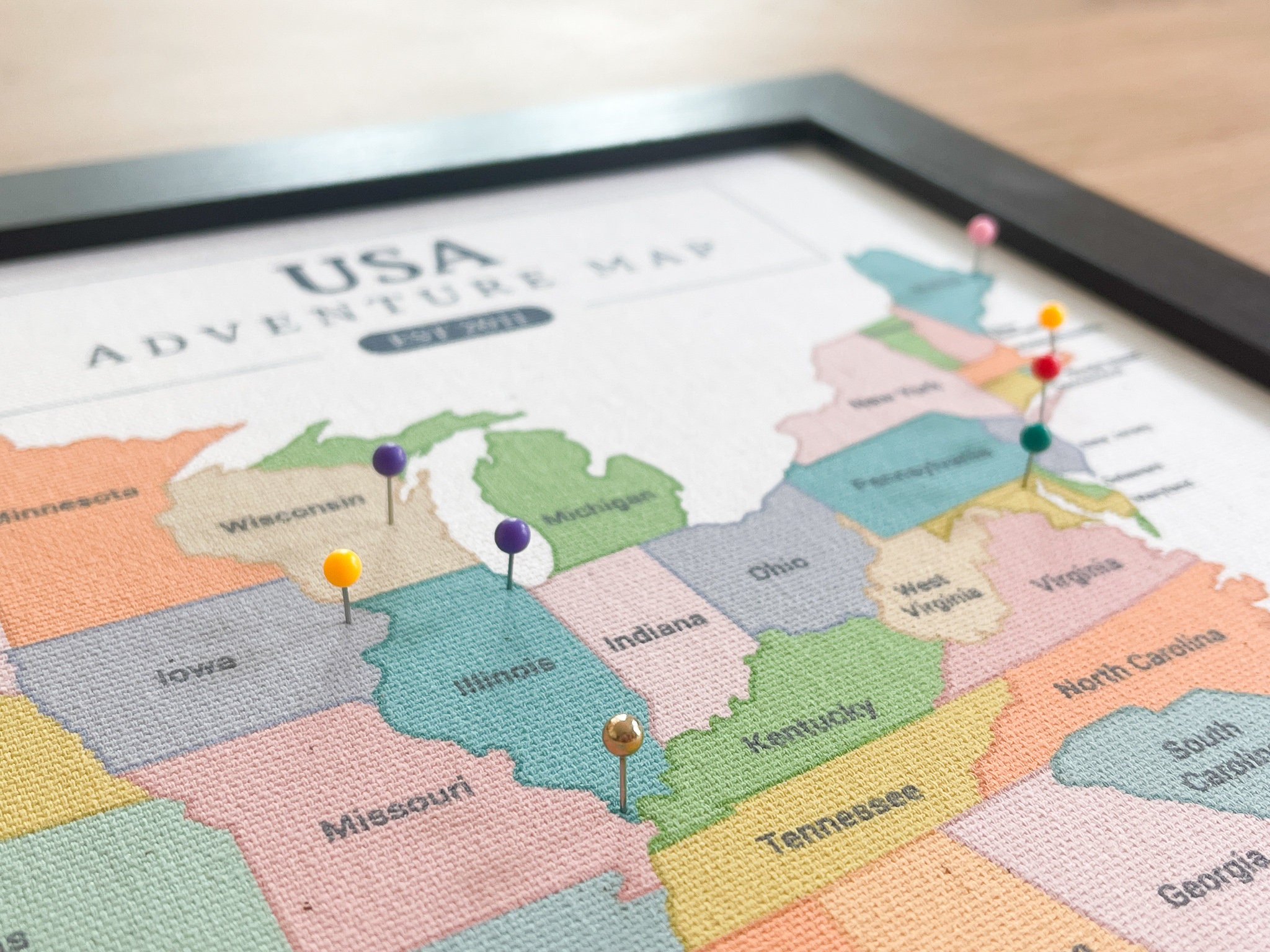 Push Pin USA Map: Retro Colored States on Cotton Canvas, Custom United ...