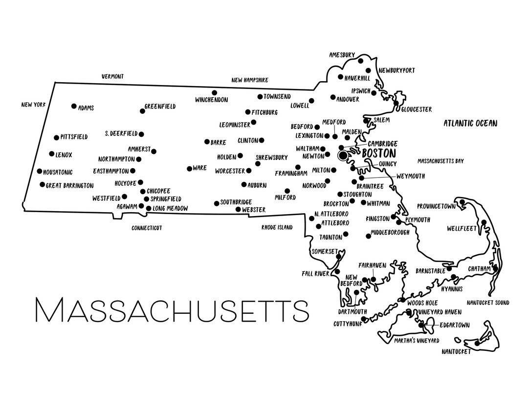 Massachusetts State Map, Cities of MA, Push Pin Map, Personalized Gift ...