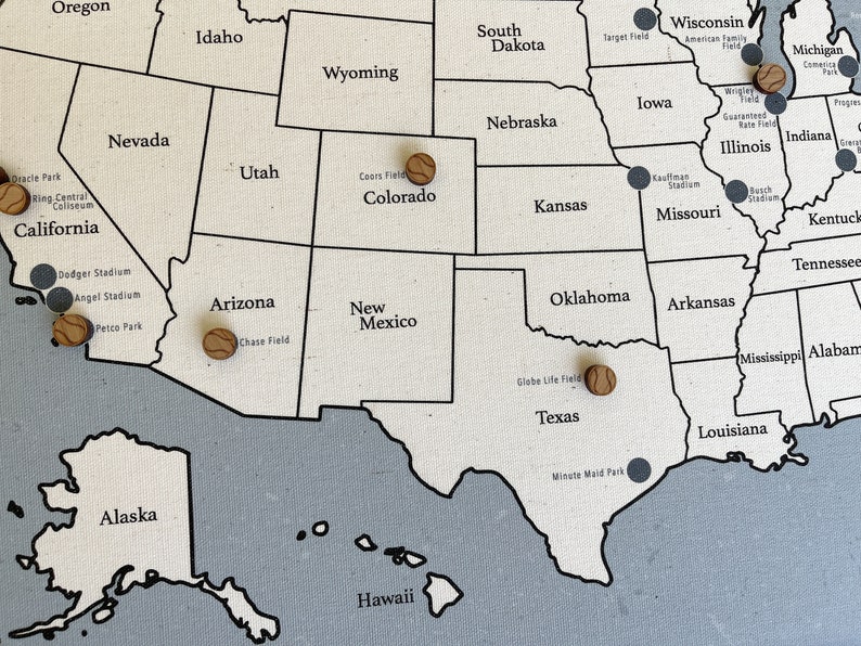 MLB Stadiums Push Pin Map: Cotton Canvas, Wooden Baseball Push Pins ...