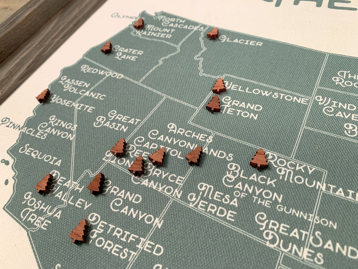 National Park Push Pin Map with Tree Push Pins Great Outdoors | Etsy