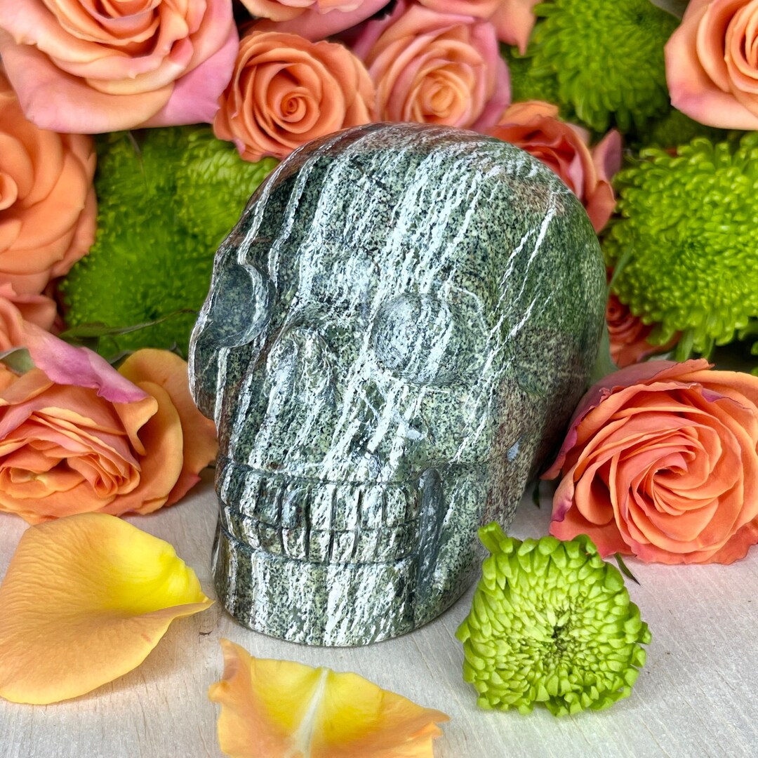 Green Zebra Jasper Skull, Halloween Decor, Summerween Spooky, Samhain ...