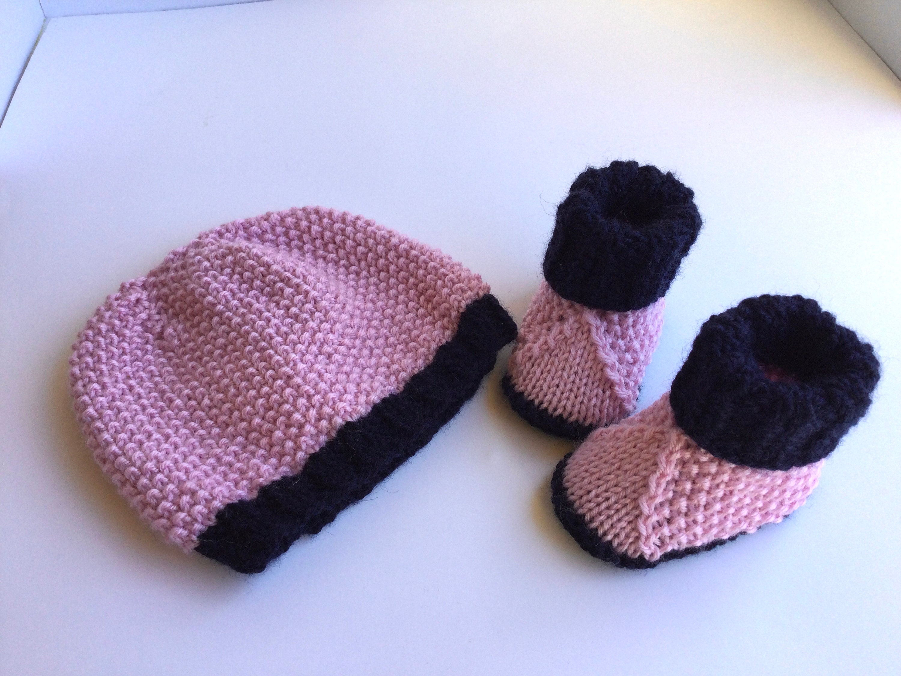 Birth Slippers Hat Set, Hand Knitted, Two-tone Pink and Navy Blue ...