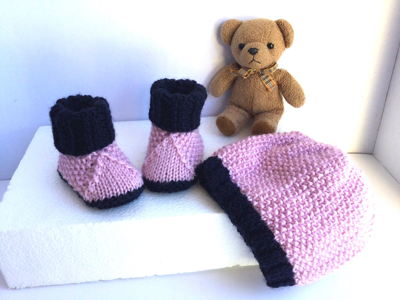 Birth Slippers Hat Set, Hand Knitted, Two-tone Pink and Navy Blue ...