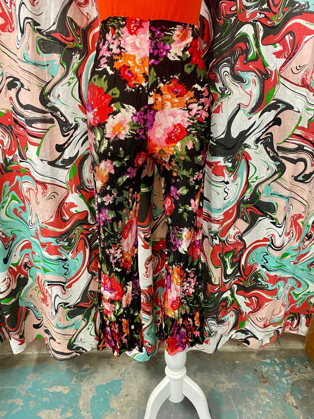 Vintage 60s 70s Disco Pants Flared and Cropped Floral Ruffle, Tags Crop ...