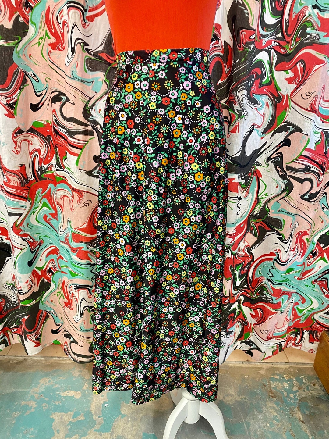Vintage 60s Maxi Skirt, Size 27 Ish, Ditzy Floral Print Handmade, Tags ...