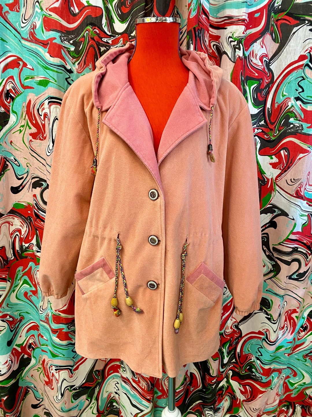 Vintage 90s Fuzzy Peach Fleece Like Jacket With Cute Detailing and Hood ...